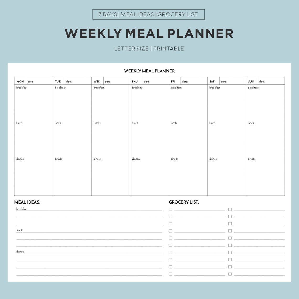 Simple Printable Weekly Meal Planner - 7-day Meal Ideas, Grocery List ...