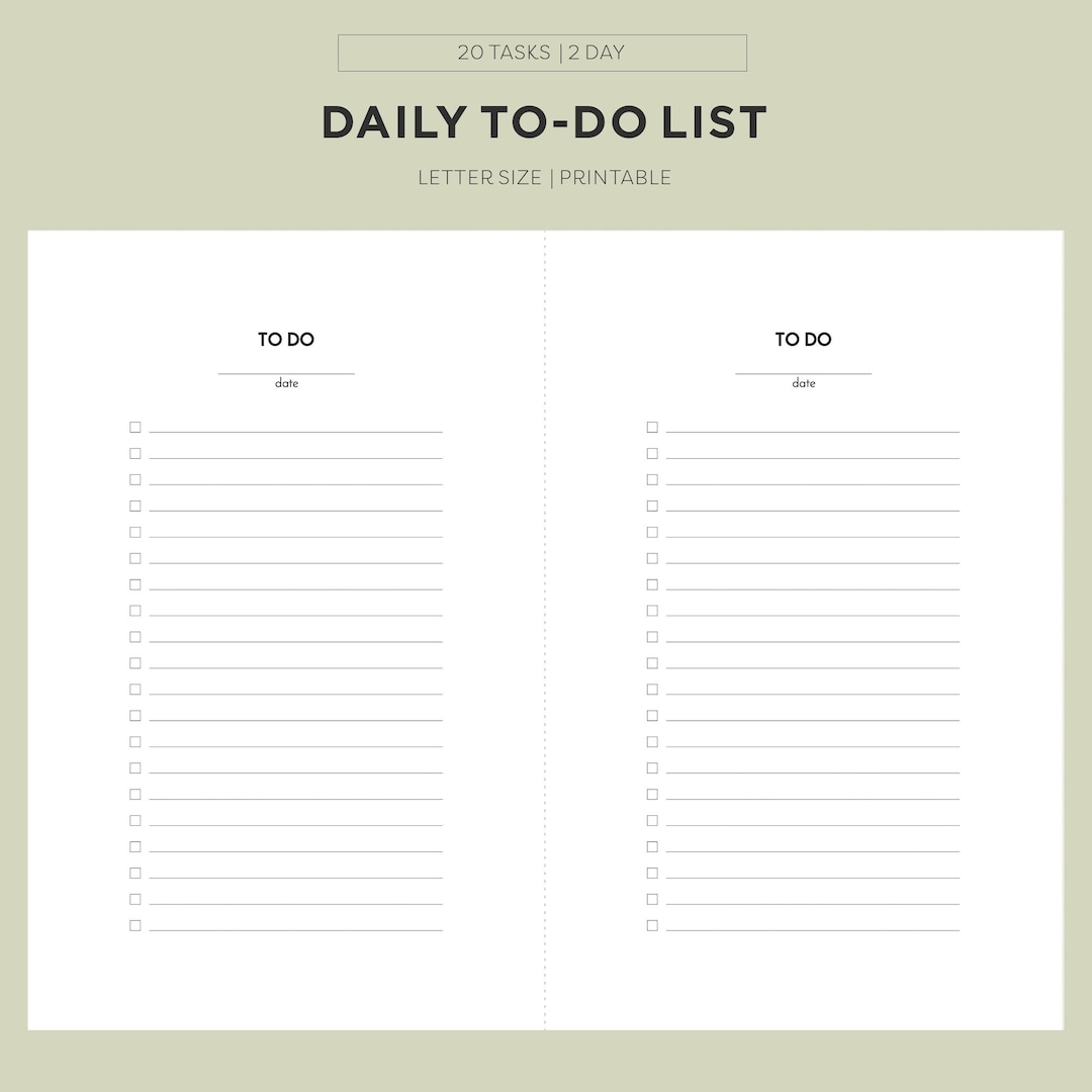 Simple Printable Daily to Do List - 20 Tasks, 2 Day - Etsy