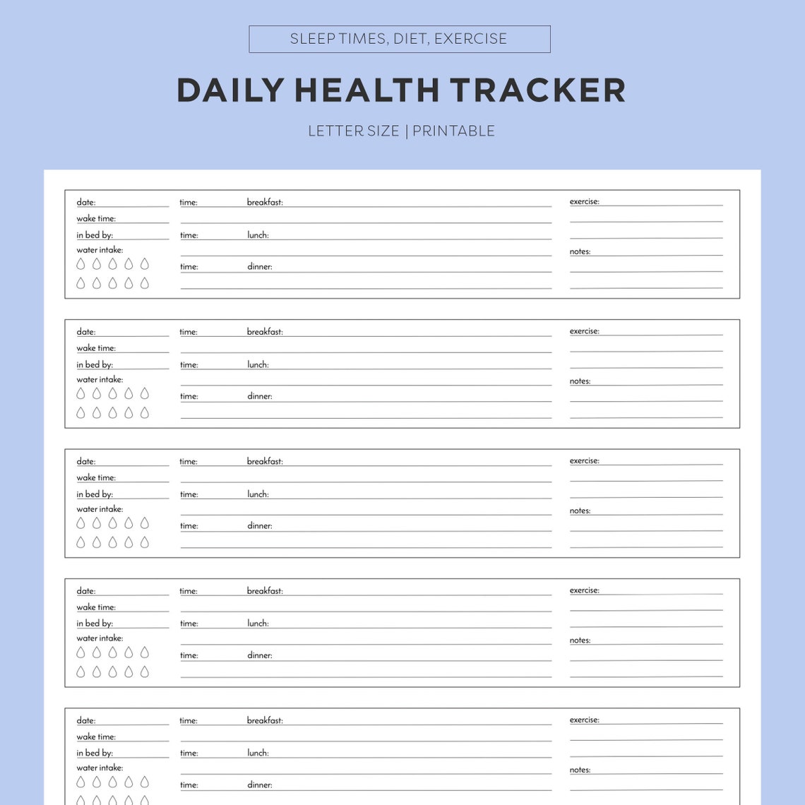 Printable Daily Health Tracker PDF – Sleep, Diet, Exercise Log ...