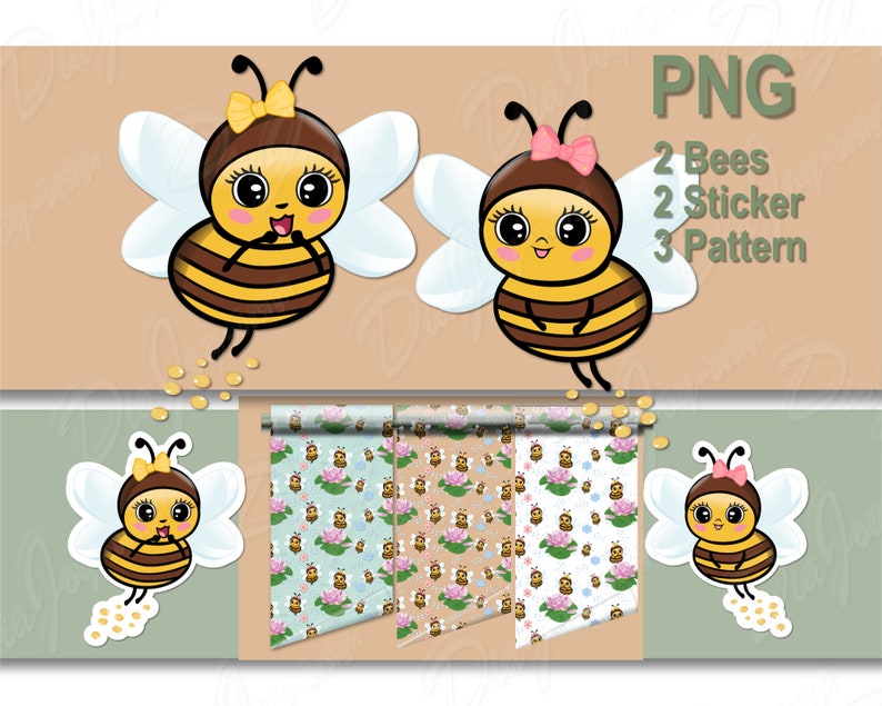 Cute Bee Digital Stickers, Printable Bee Illustrations, Planner Sticker ...