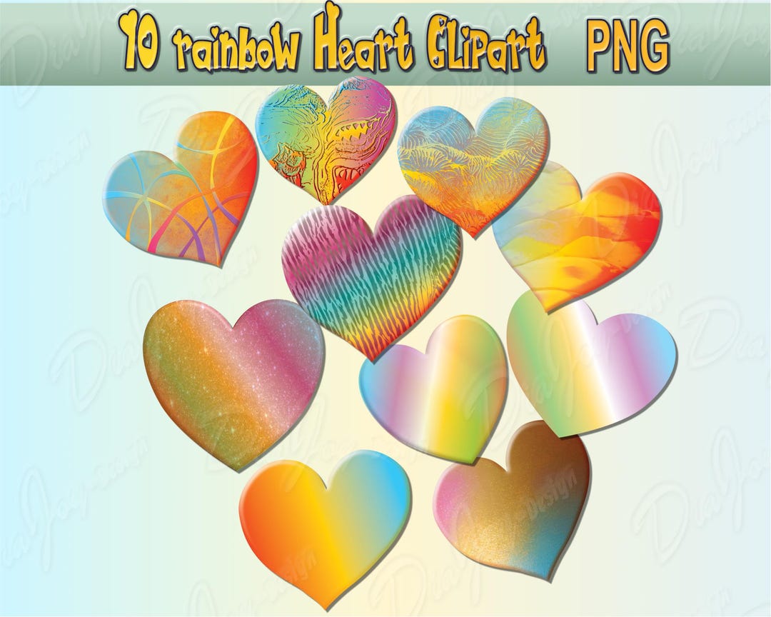 10 Rainbow Heart Clipart PNG Bundle, Colorful Heart Clipart, Digital ...