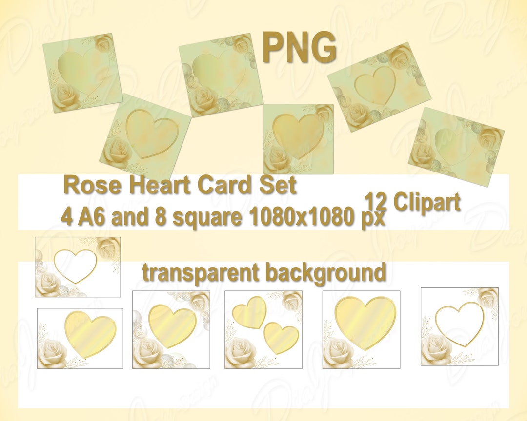 Rose Heart Card Set 12 Clipart PNG, 4 A6 and 8 Square 1080x1080 Px, Transparent Background ...