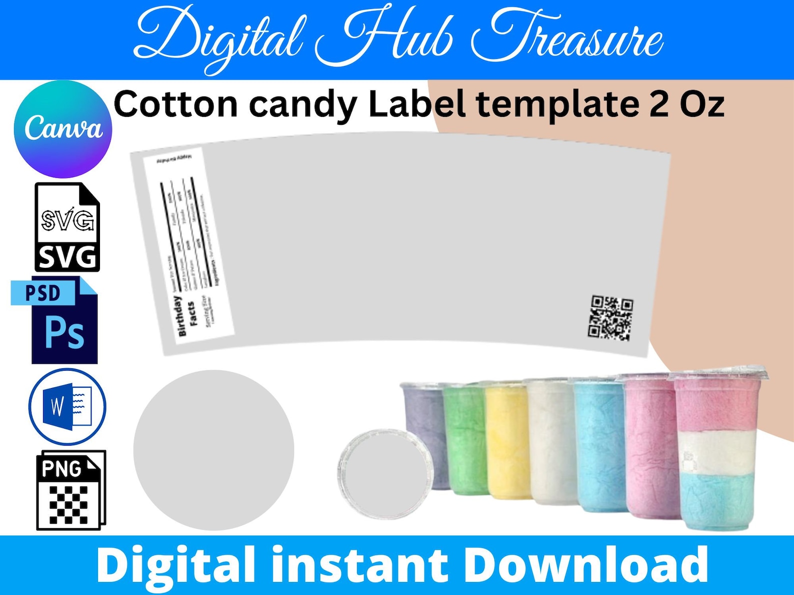 Cotton Candy Tub Label Template: 2 Oz, Editable Design (digital ...