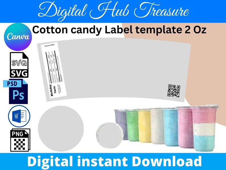 Cotton Candy Tub Label Template: 2 Oz, Editable Design (digital ...