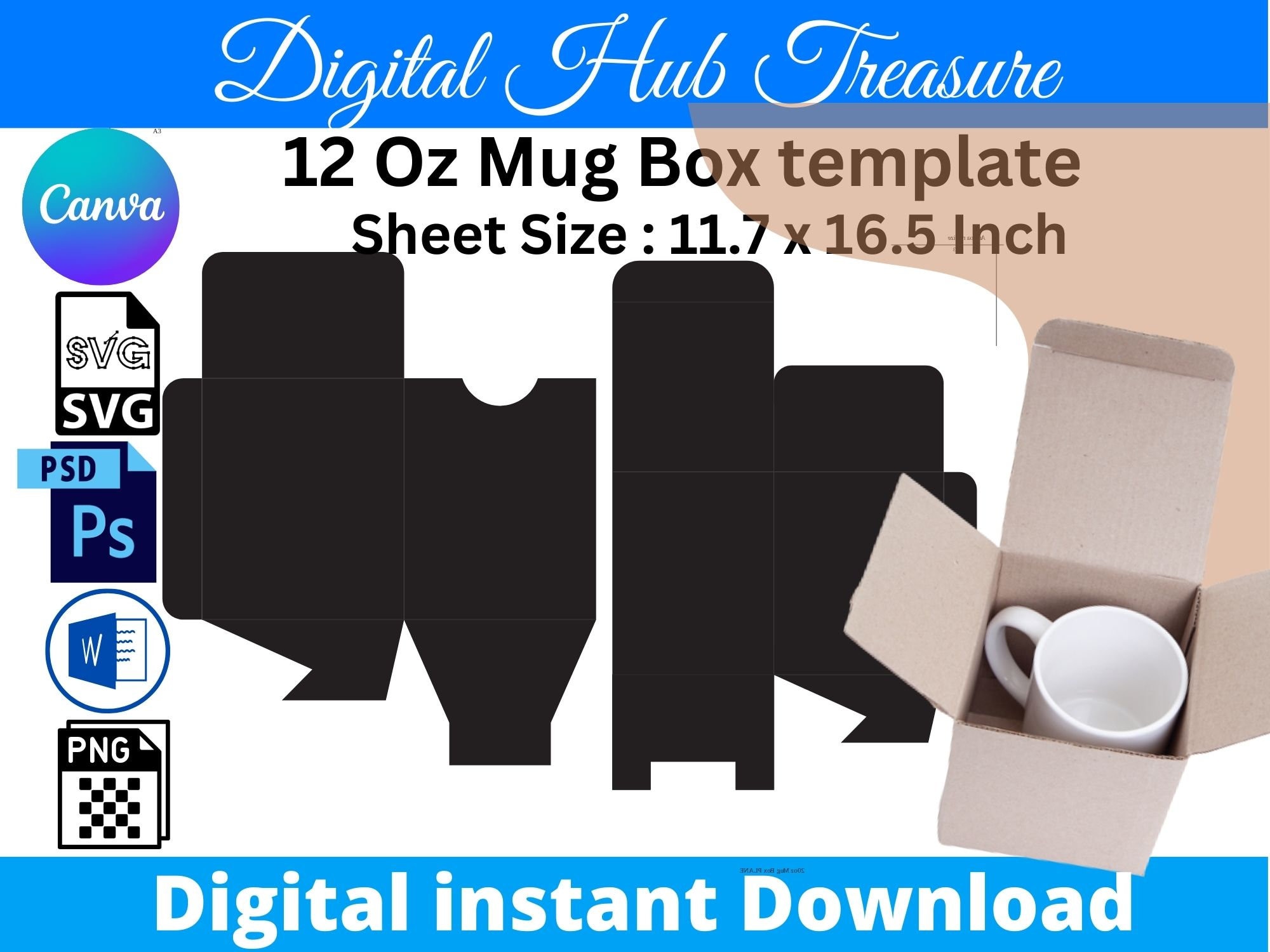 12 Oz Mug Box Template, Gift Box Template, 12 Oz Mug SVG, 12 Oz Mug PNG ...
