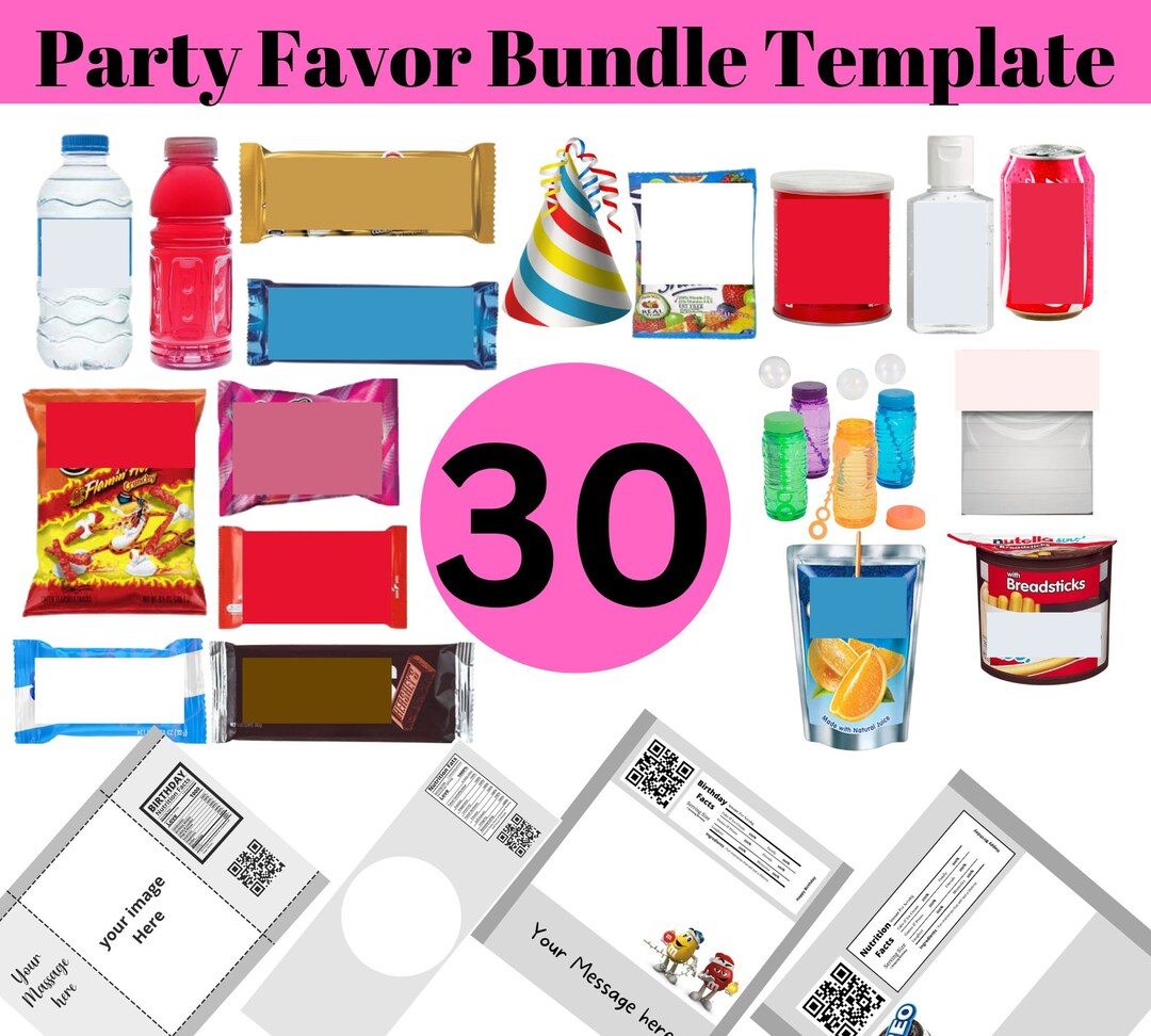Party Favor Bundle Template, Save Bundle, Chip Bag Template, Chocolate ...