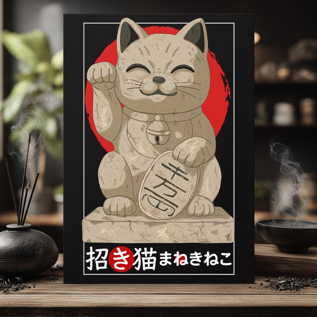 Japanese Lucky Cat Poster – Maneki Neko Wall Art Print – Folklore Anime ...