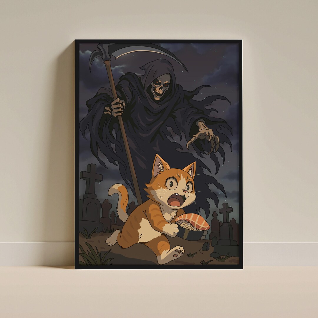 Grim Reaper Cat Poster – Dark Anime-inspired Wall Art | Cute Cat With ...