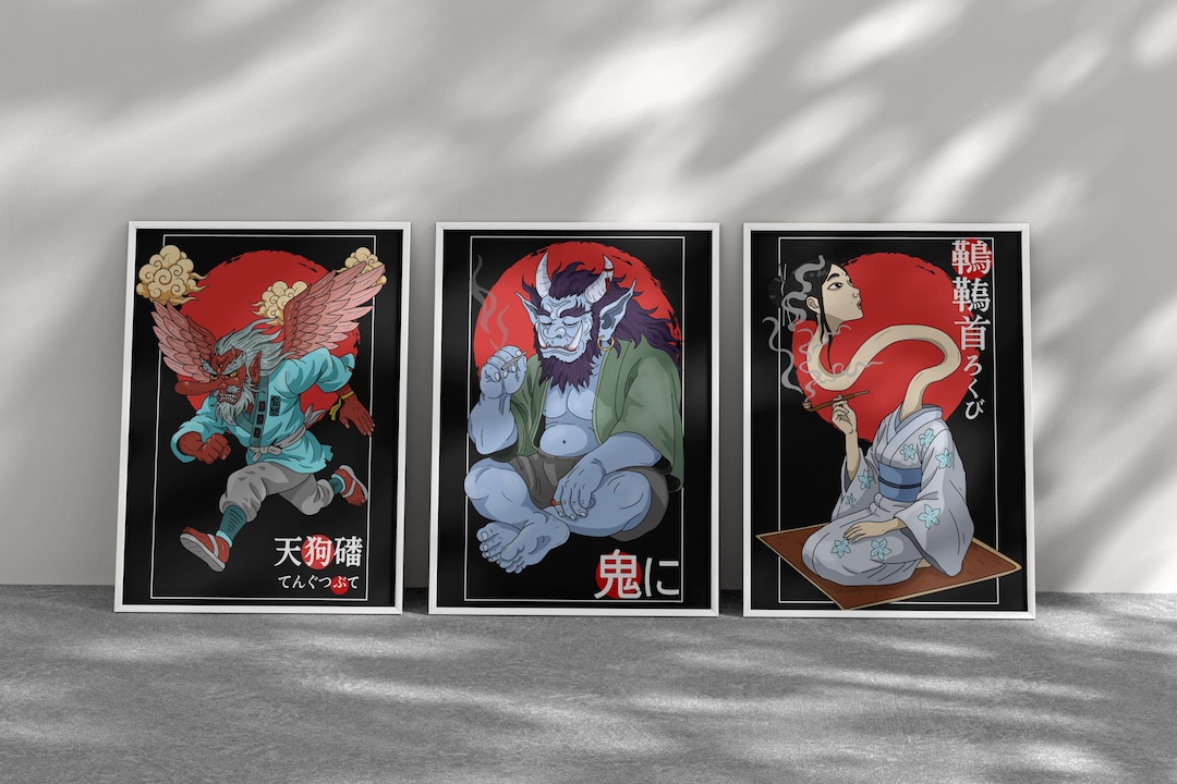 Yokai Poster Set - Tengu, Oni, Rokurokubi - Etsy