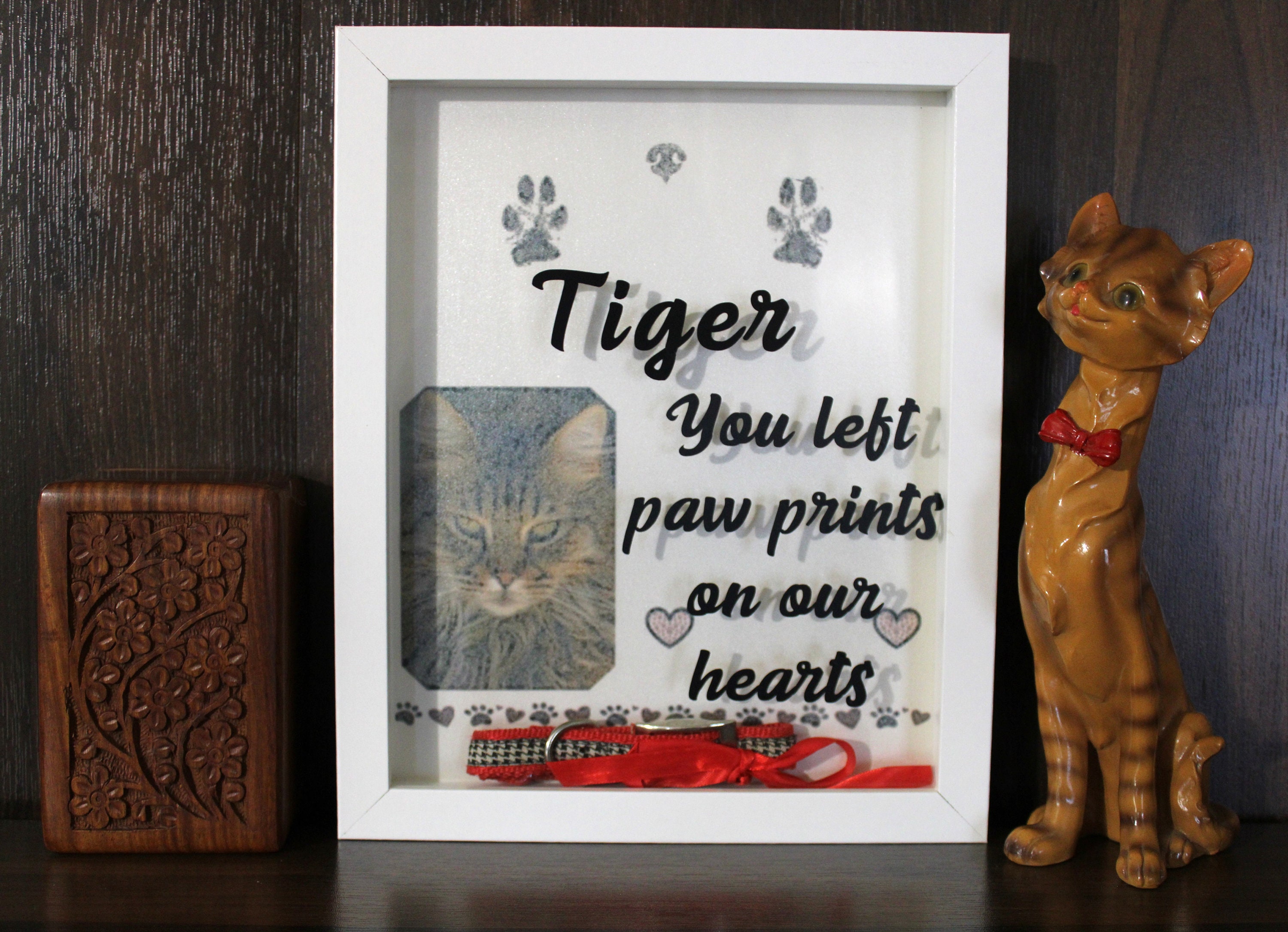 Pet Memorial Paw Print & Collar Shadow Box, Cat Paw Prints, Nose Print ...
