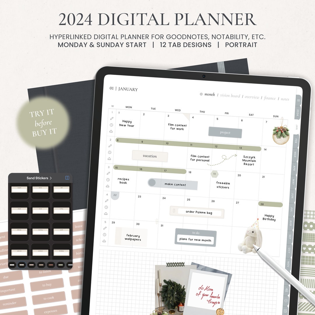 2024 Digital Planner | PORTRAIT | Dated Daily, Weekly, Monthly, Yearly ...
