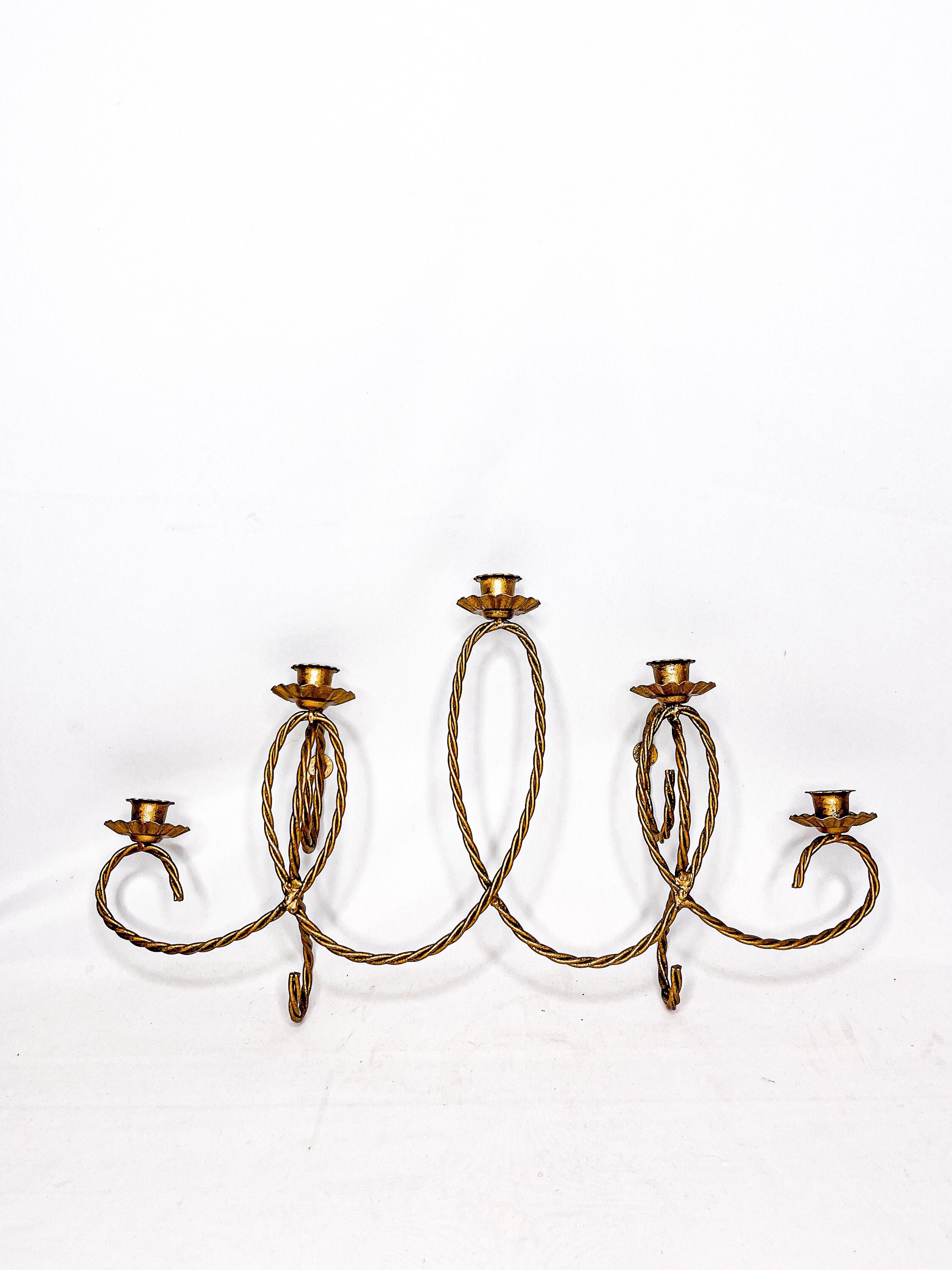 Homco Gold Metal Wall 5 Arm Candelabra Twisted Rope Candleholders ...