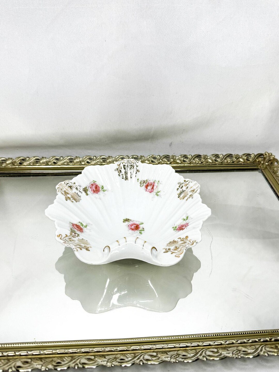 Antique Clam Shell Serving Bowl Tray With Rose Details, Germany ...