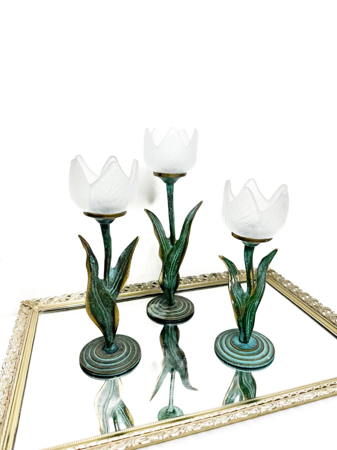 Vintage Design Studio Trio Tulip Candle Holder Set, Green Metal With ...