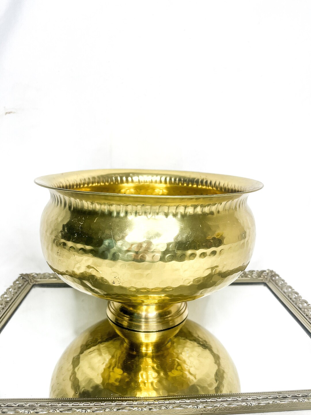 Beautiful Large Vintage Hammered Pedestal Brass Bowl, Decorative Brass ...