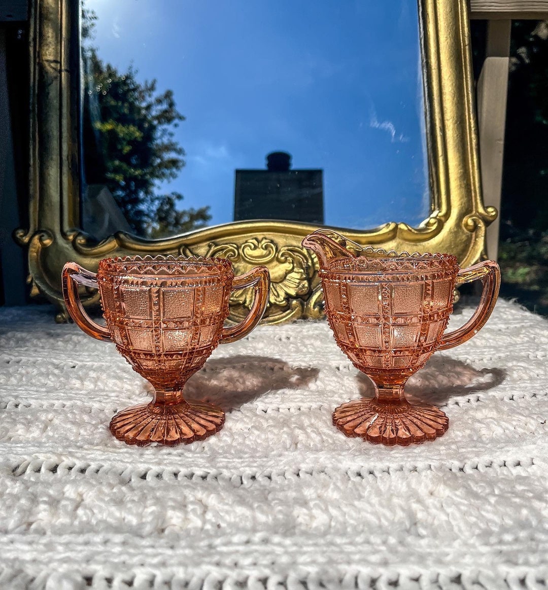Imperial Pink Beaded Block Depression Glass Creamer & Open Sugar Circa ...