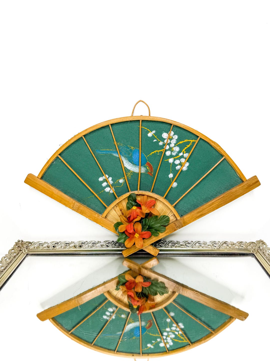 Japanese Oriental Bamboo Fan Hand Painted Asian Wall Hanging Rattan ...