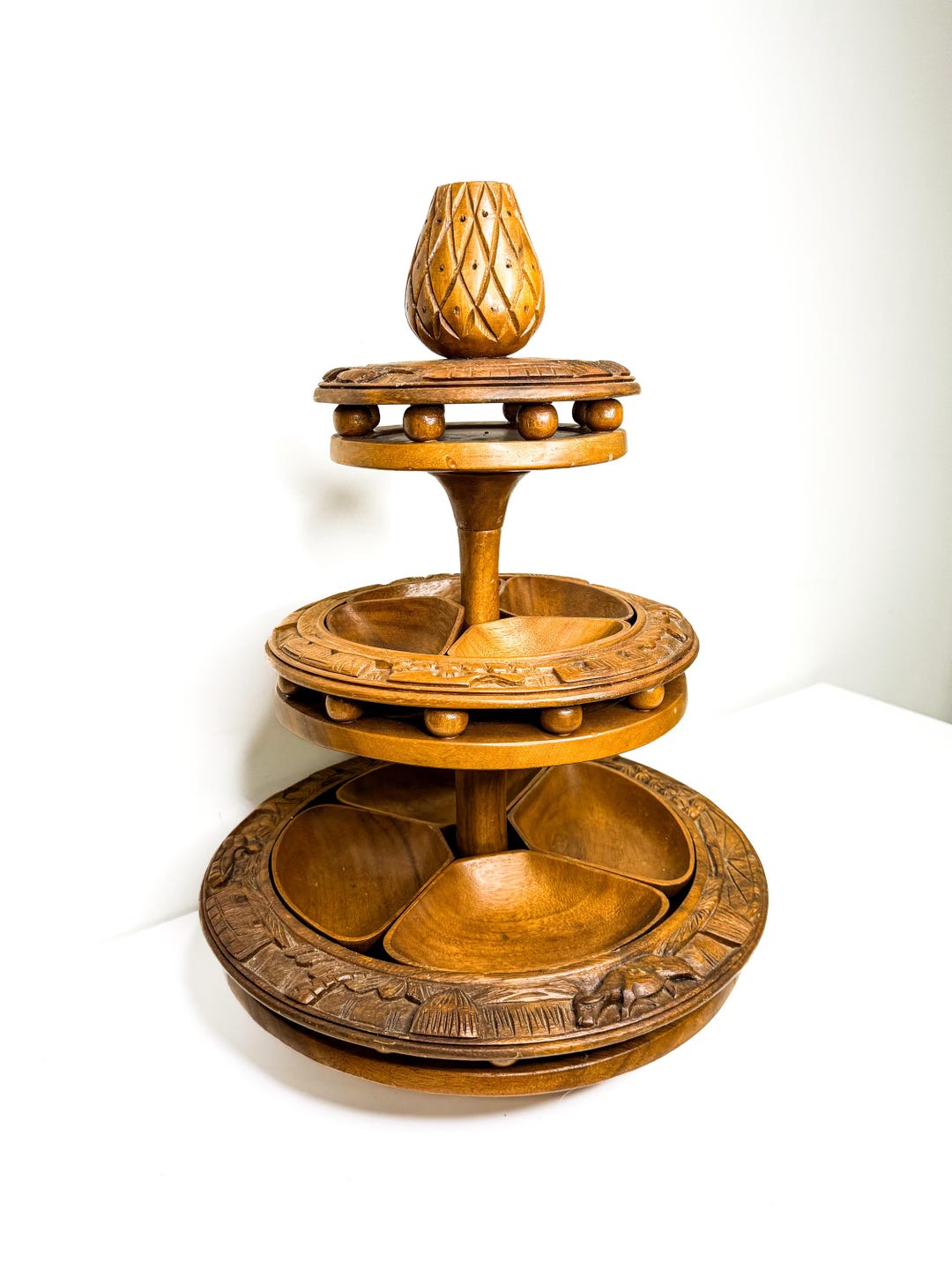 Vintage Filipino Carved Wood Lazy Susan: MCM 3-tier Serving Tray - Etsy