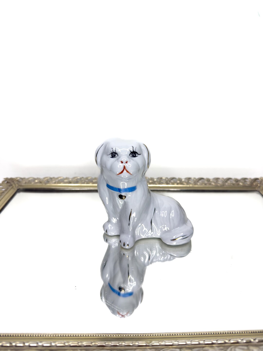 Porcelin Antique White Pekingese Dog Sculpture Gold and Blue Decorative ...