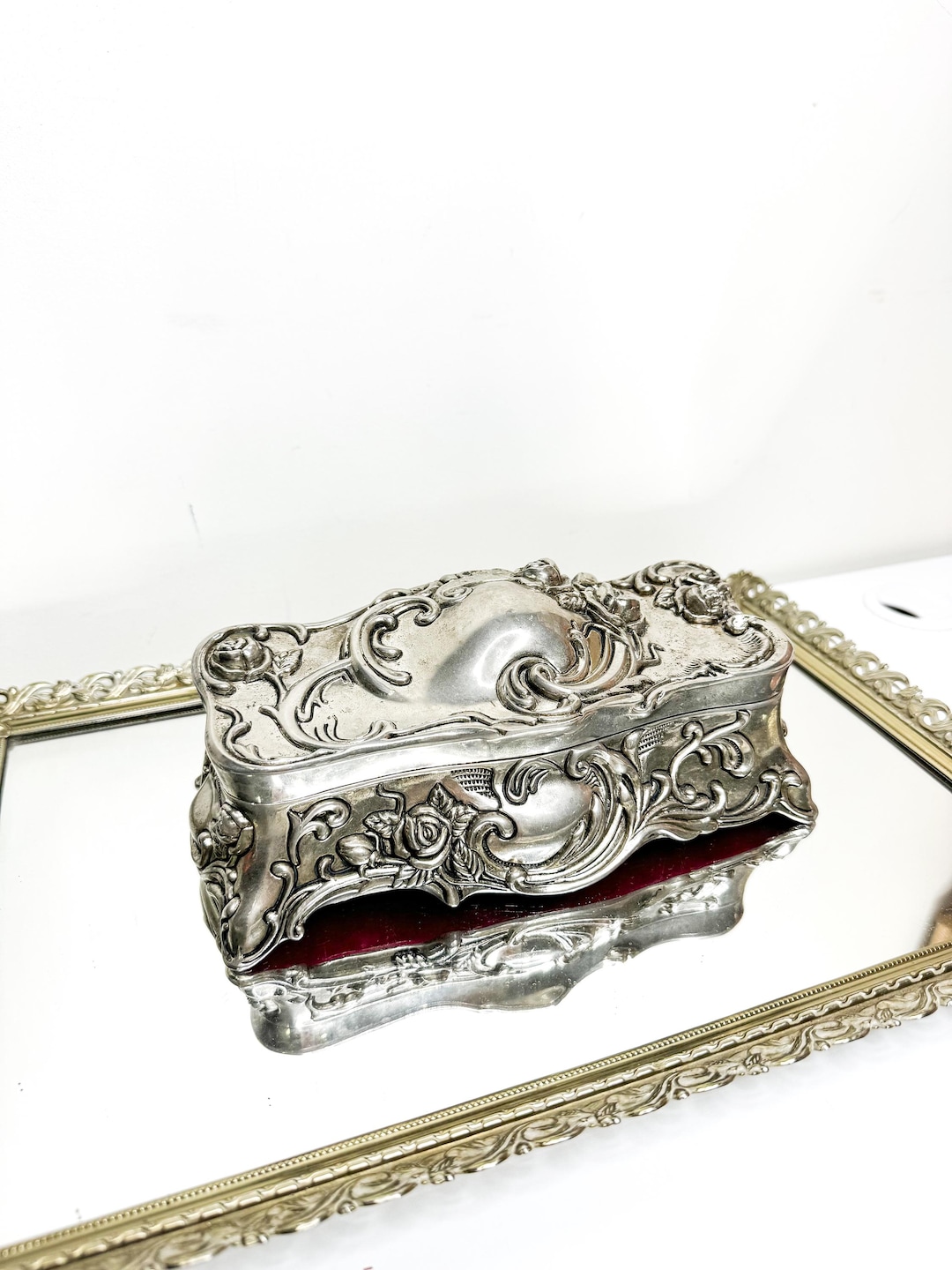 Antique Silver Plated Jewelry Casket, Art Nouveau Floral Rose Ornate ...