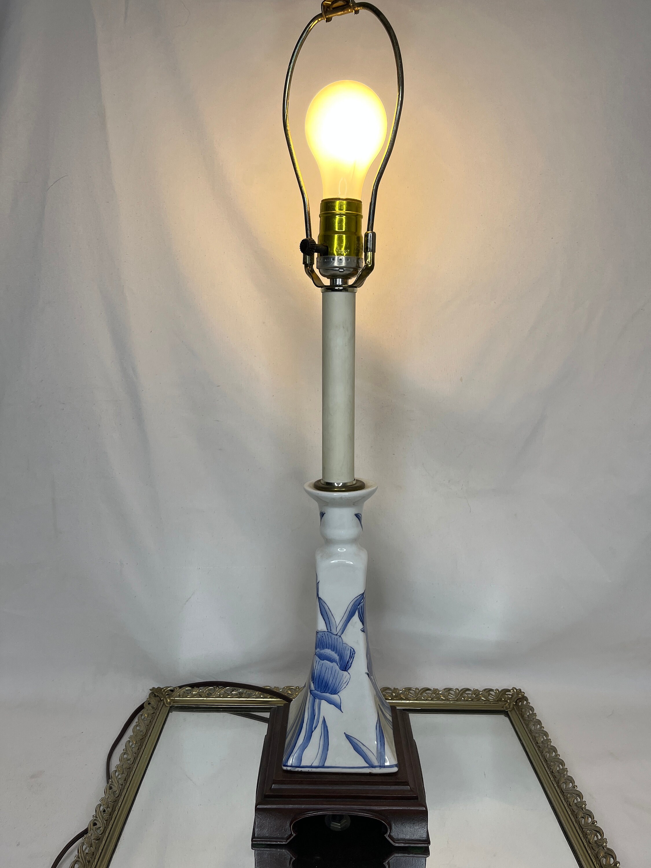 Vintage Blue and White Chinoiserie Candlestick Lamp, Blue and White ...