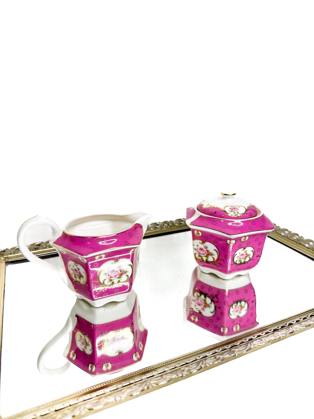 Set of Three Victorian Pink Ceramic Cream and Sugar Tea Set With Tin ...