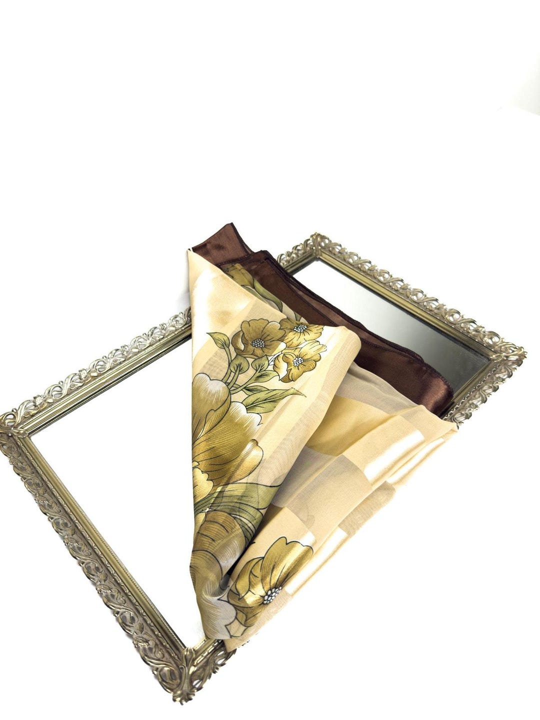 Vintage Italian Head Wrap Square Silk Scarve , Brown and Gold Floral ...