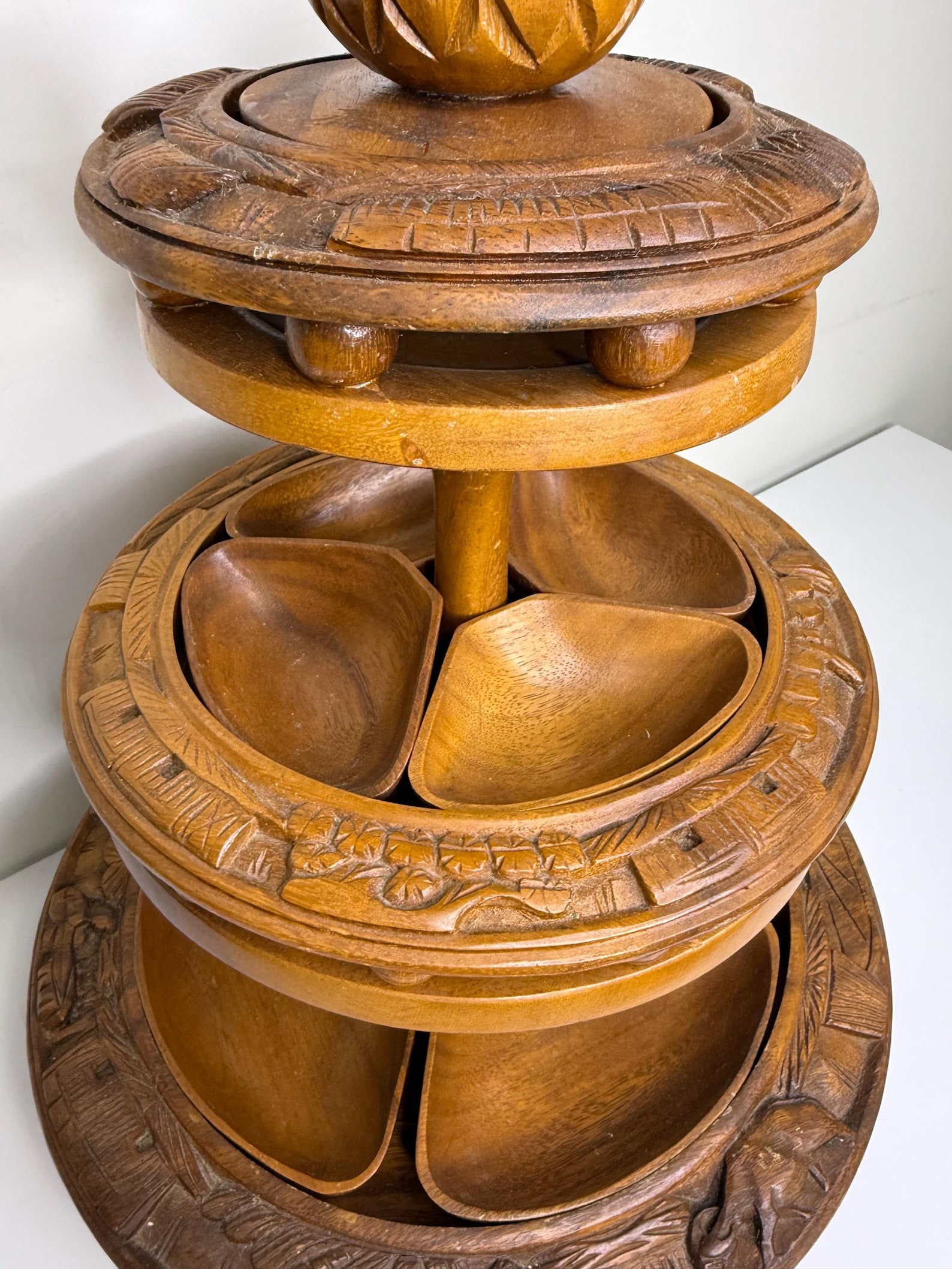 Vintage Filipino Carved Wood Lazy Susan: MCM 3-tier Serving Tray - Etsy