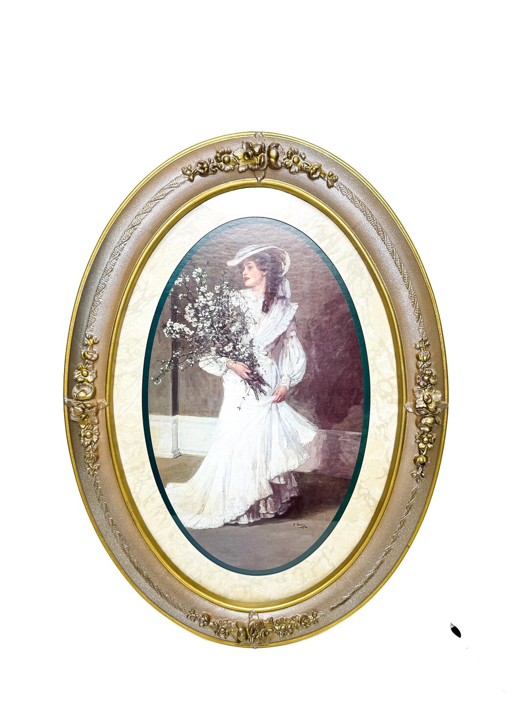 Vintage Ornate Oval Lady in White With Flowers Home Interior Picture ...