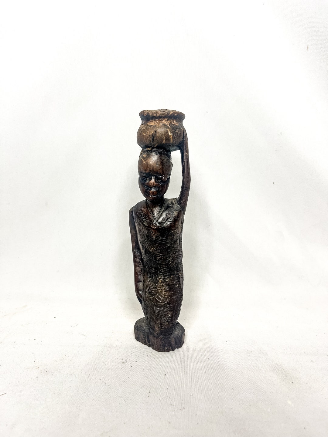 VINTAGE Hand Carved Dark Wood African Woman Statue Figurine Art ...