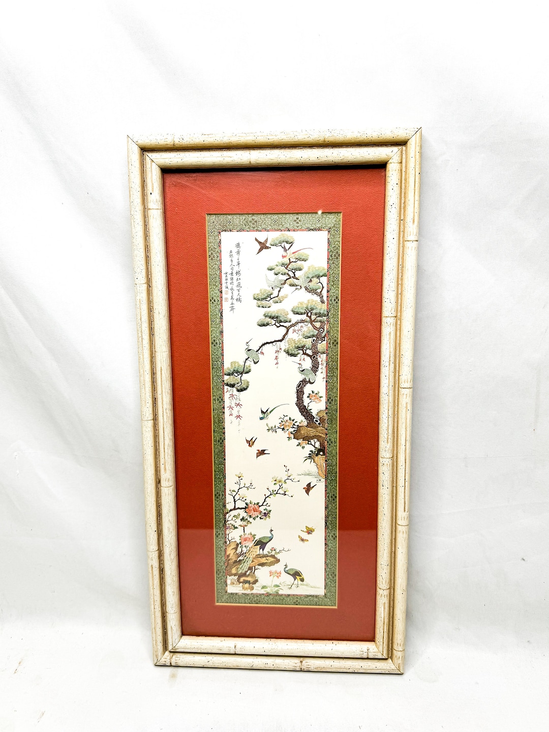 Vintage Chinese Art in Gold Bamboo Frame, Exotic Chickens and Birds in ...