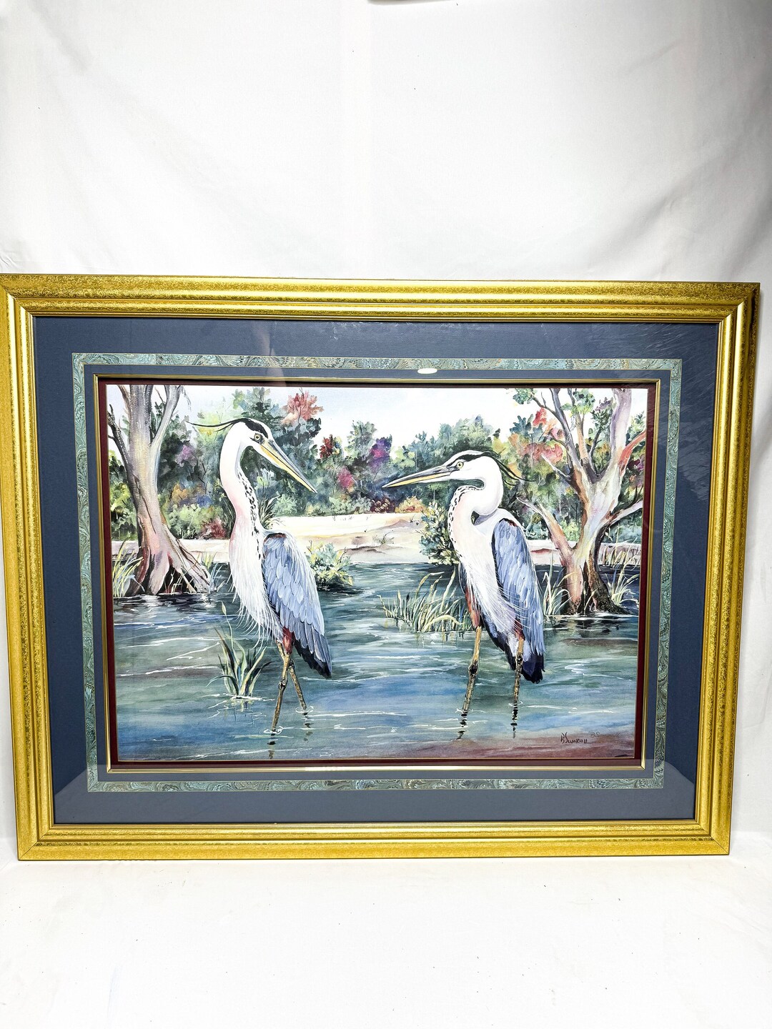Rare Vintage B. Sumrall Hand Signed Gold Framed Print “great Blue” Blue ...