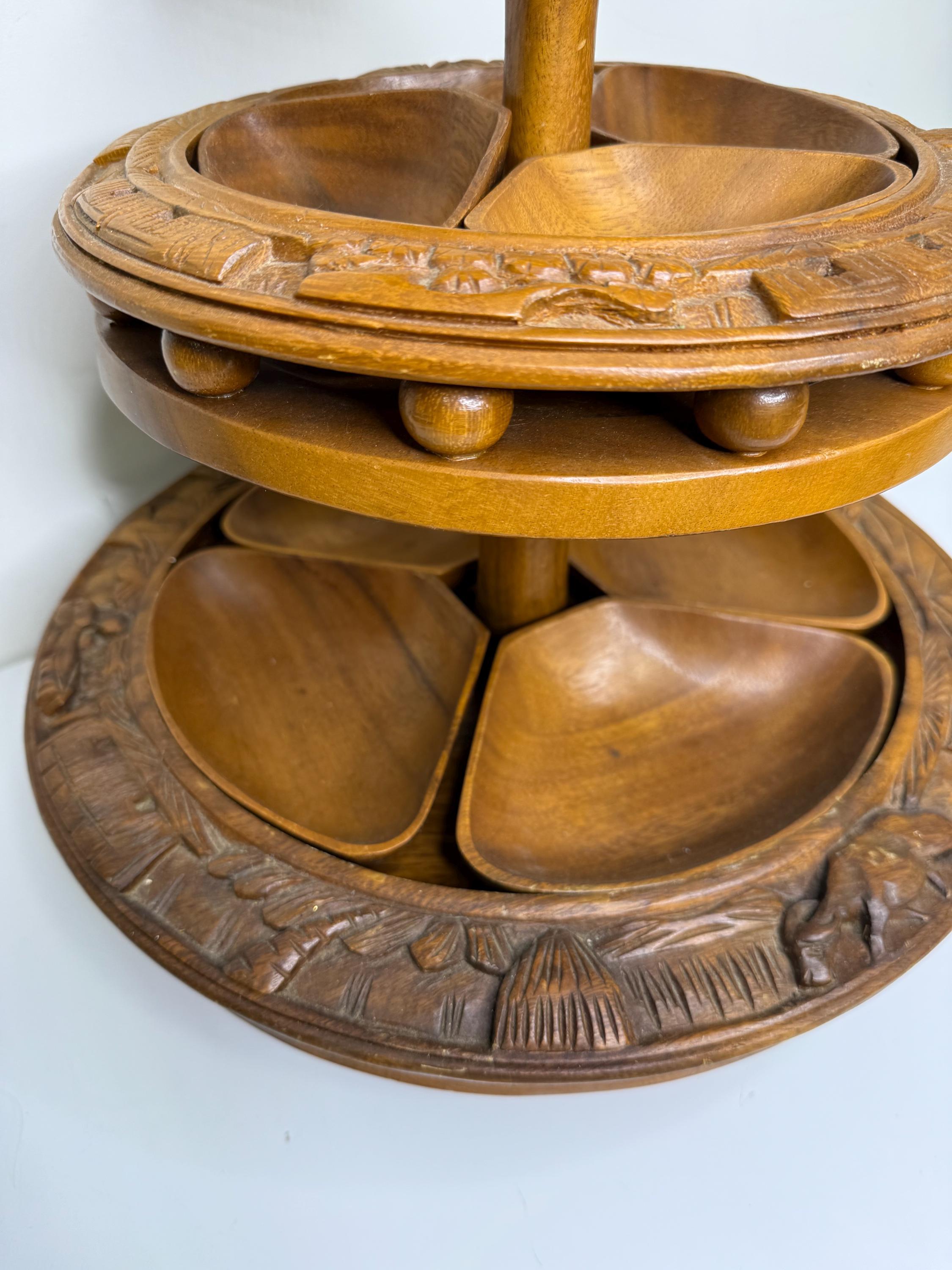 Vintage Filipino Carved Wood Lazy Susan: MCM 3-tier Serving Tray - Etsy