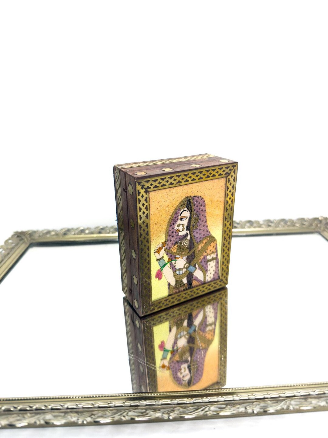 Vtg Stunning Asian Indian Lady Wood Box W Brass Accents Hinged Lid ...