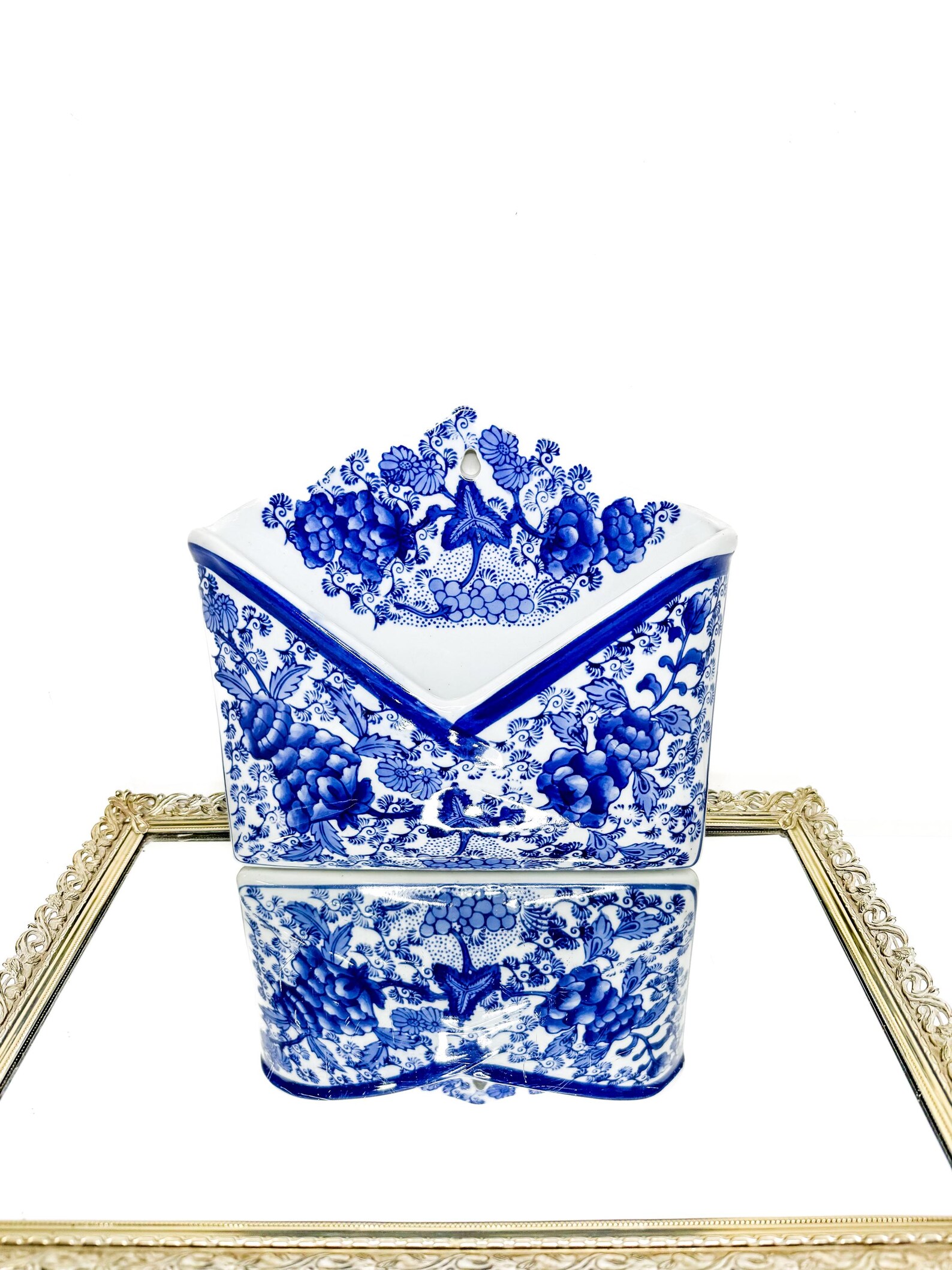 Porcelain Chinoiserie Blue and White Envelope Shaped Wall Pocket ...