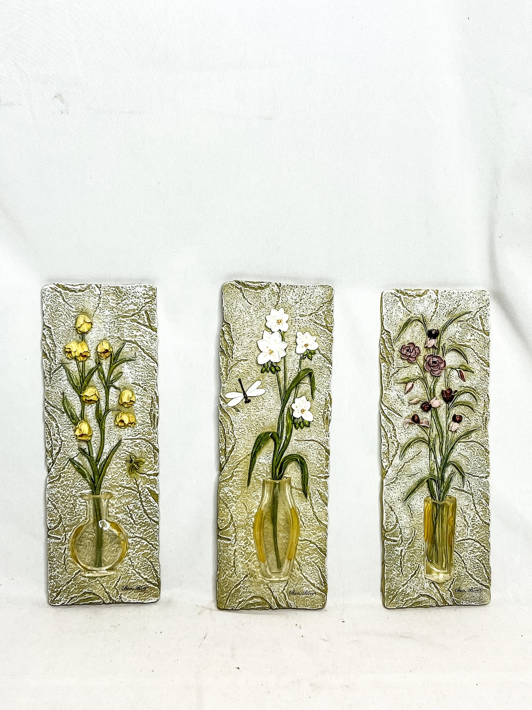Cheri Blum Artist Floral Textured in Relief Ceramic Tile Set of 3 Wall ...