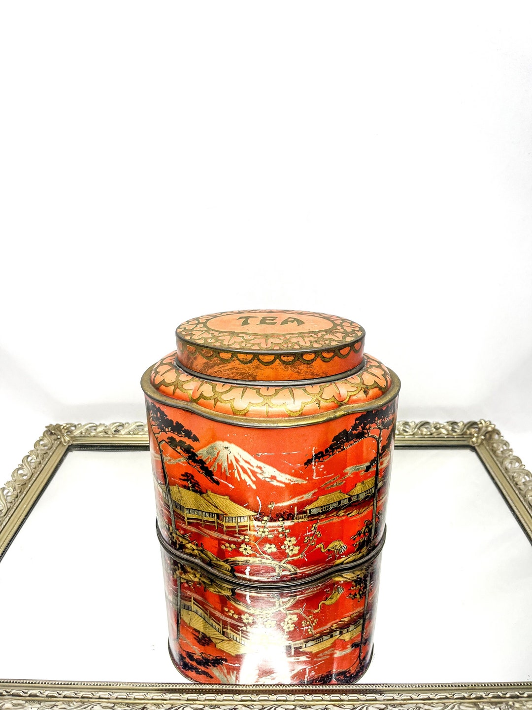 Beautiful Vintage Red Oriental Tea Caddy Tin With Lid - Etsy