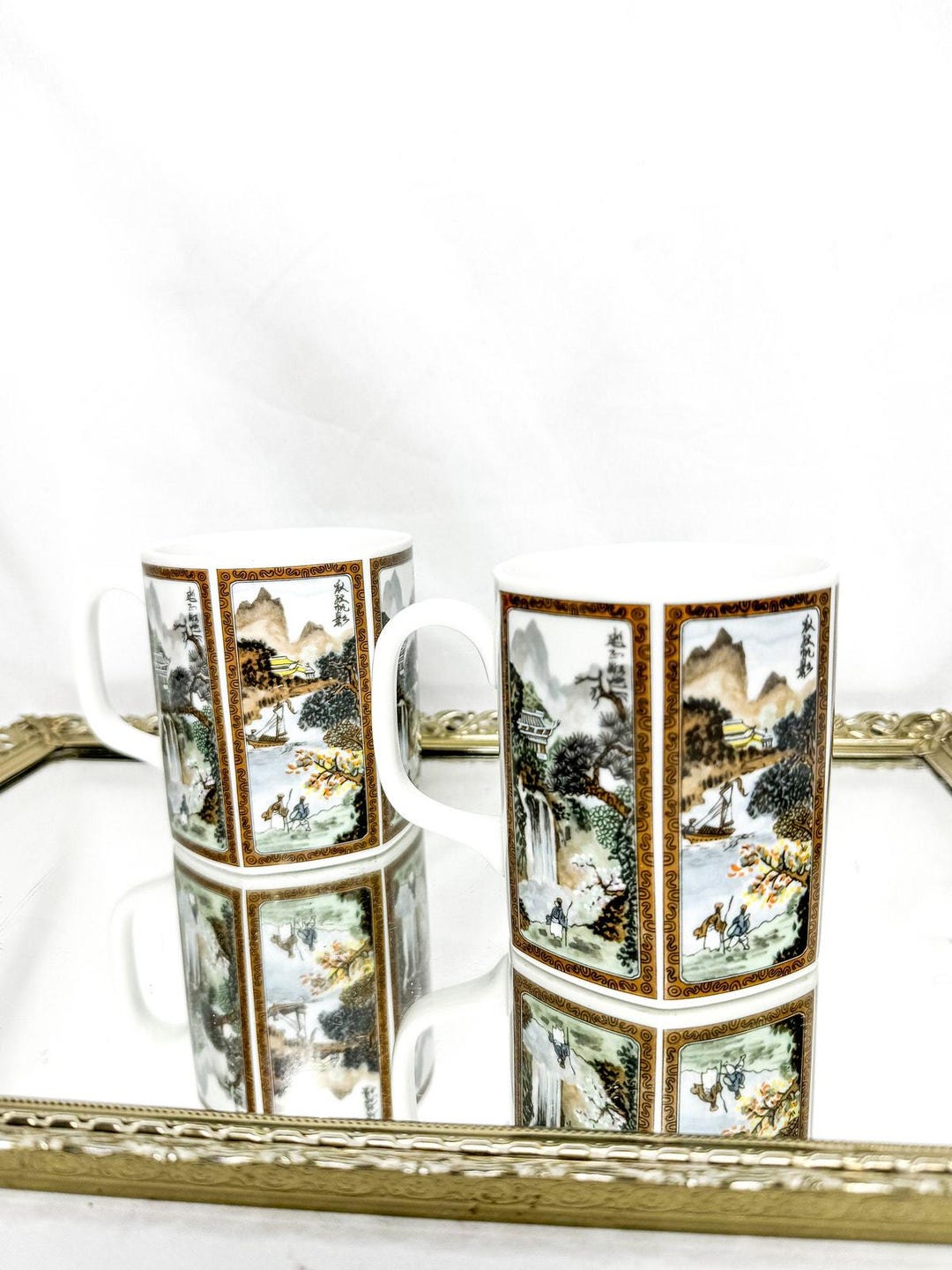 Vtg Set of Two Japanese Art Mugs, Seizan Fine China, Hexagon-style Mugs ...