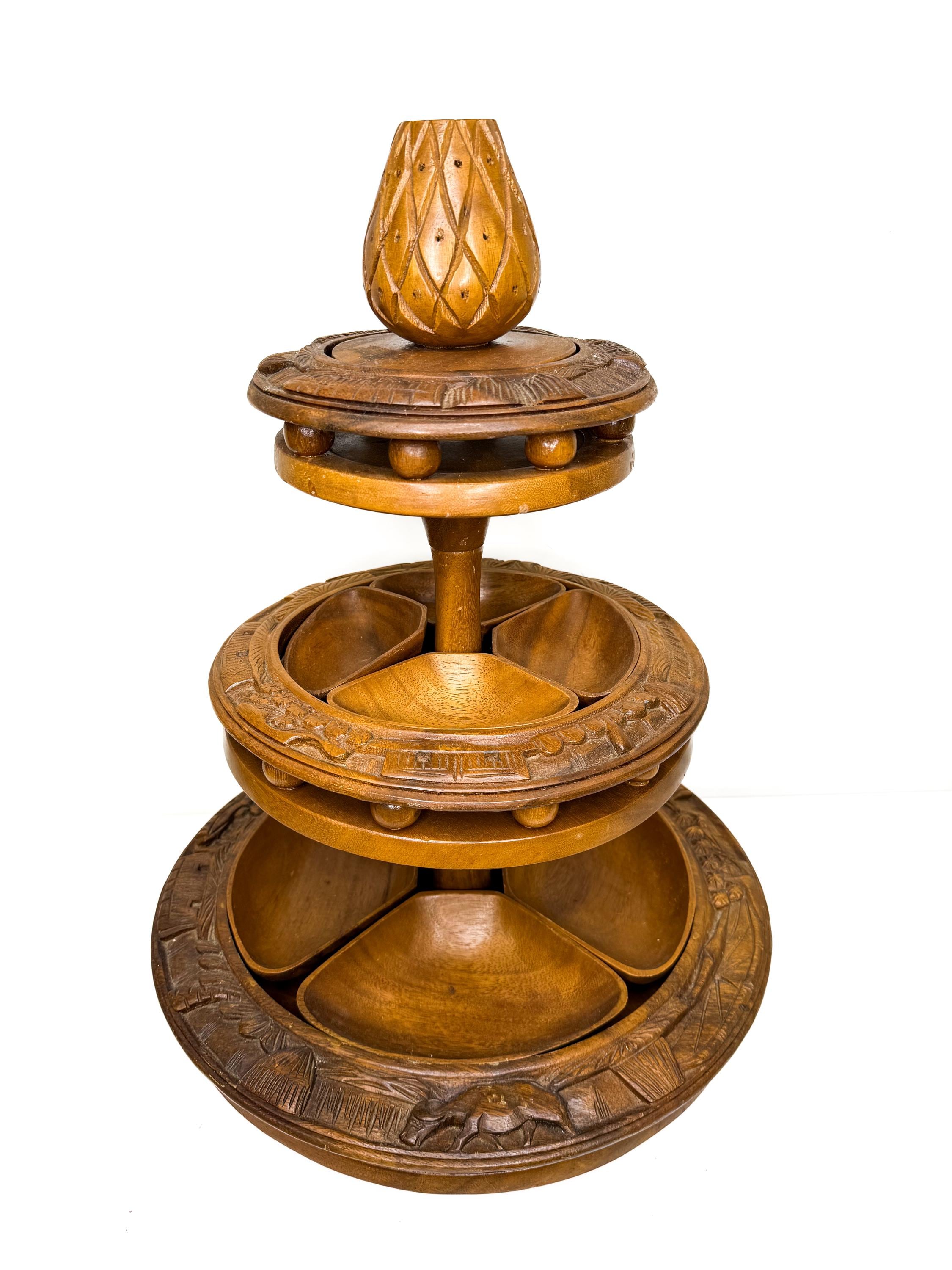 Vintage Filipino Carved Wood Lazy Susan: MCM 3-tier Serving Tray - Etsy