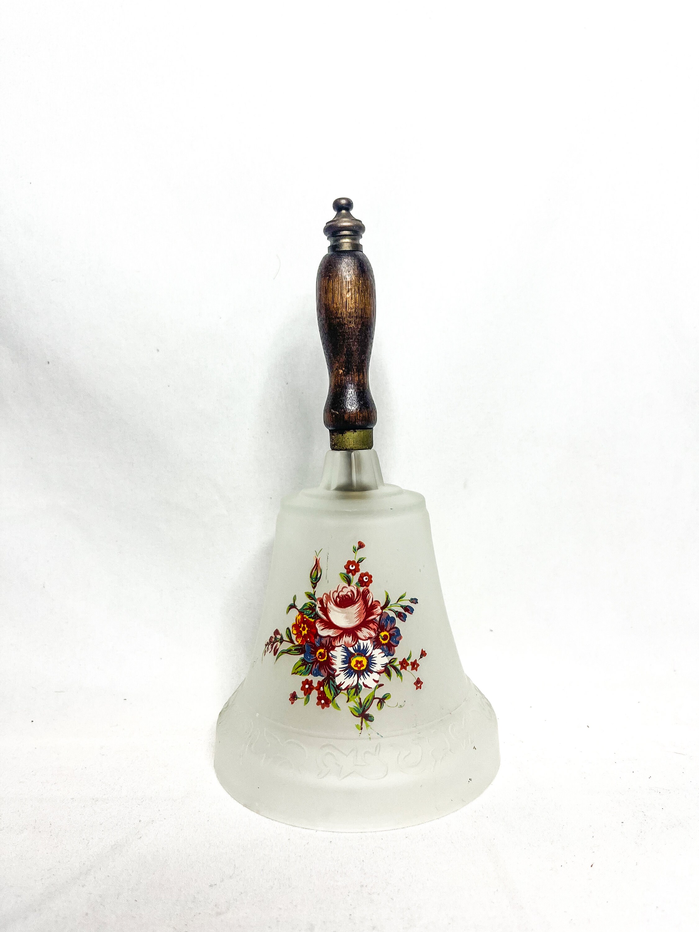 Large Vintage English Frosted Glass Bell With Wooden&metal Handle With ...