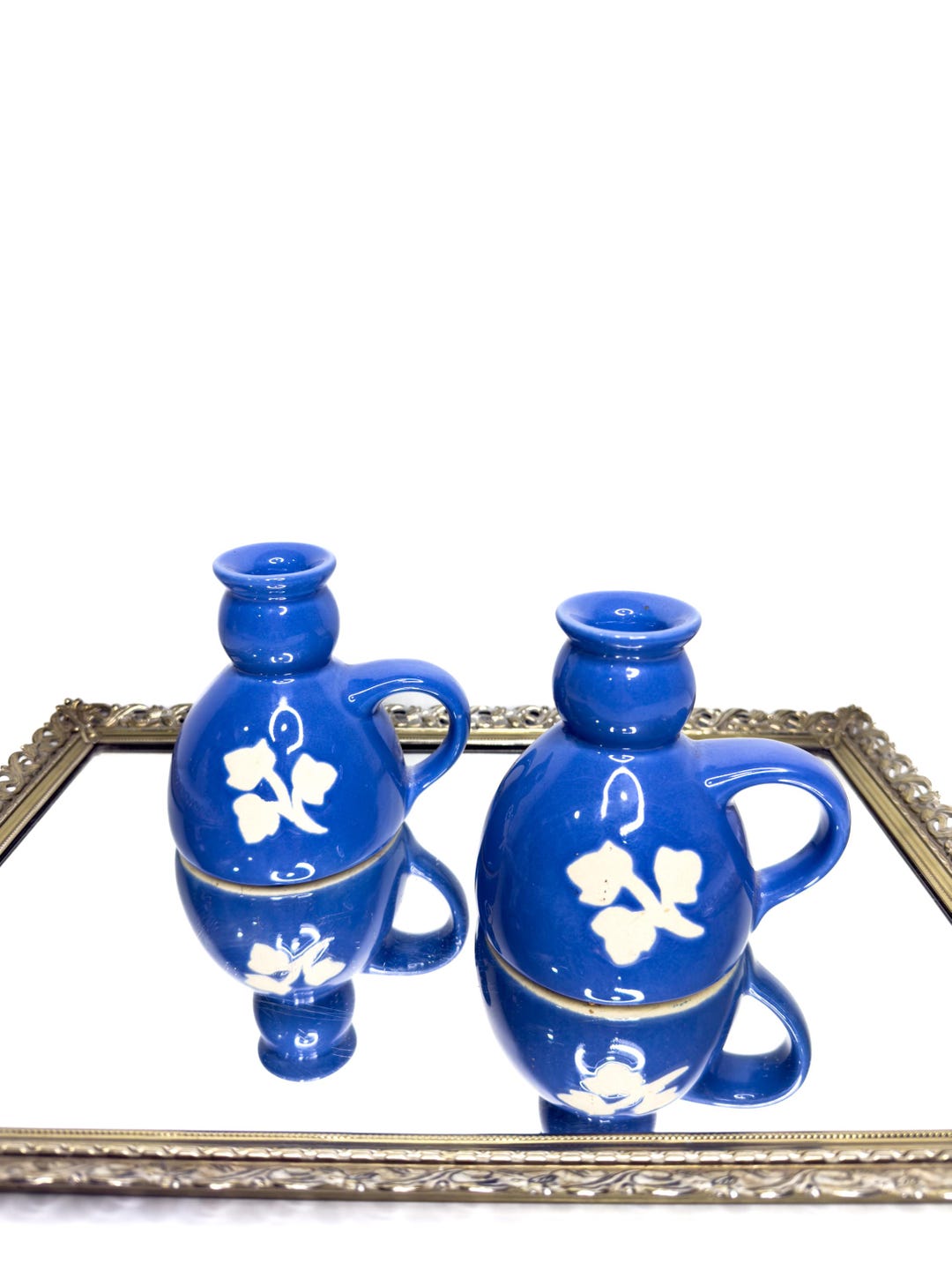 Hermitage Pottery Chamber Lamp Finger Candle Holder Bright Country Blue ...