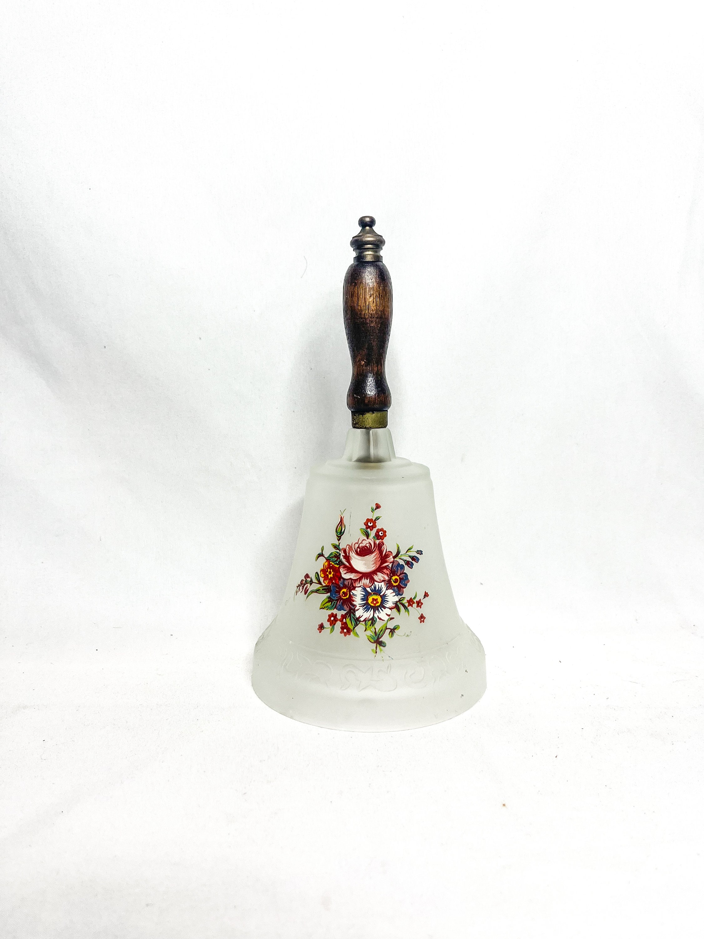Large Vintage English Frosted Glass Bell With Wooden&metal Handle With ...