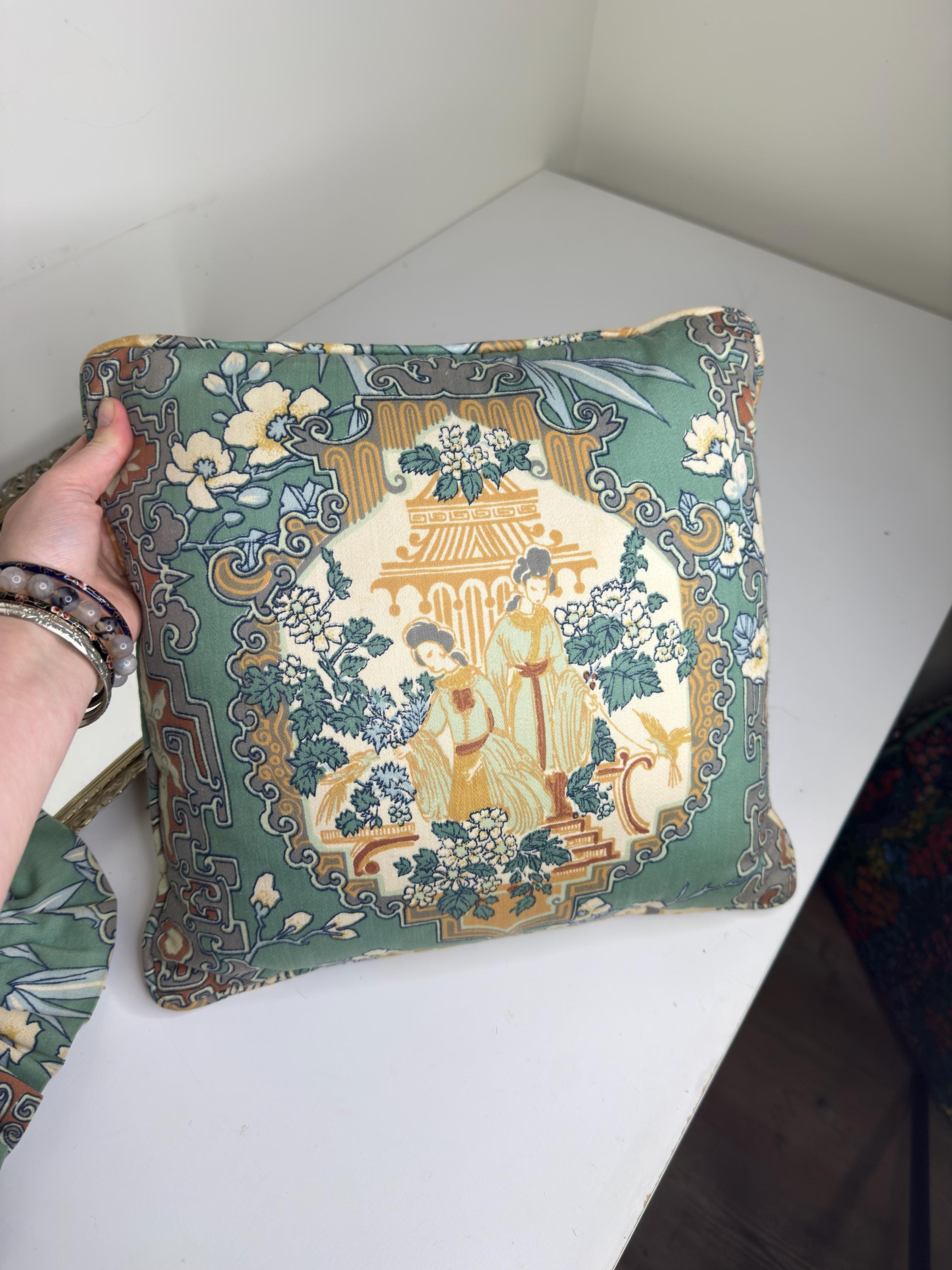 Vintage Japanese Geisha Throw Pillows, Sage Green Chinoiserie Decor ...