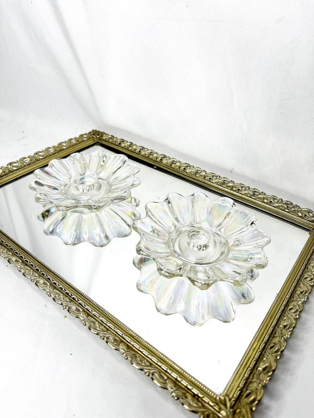 Set of 2 - 1950s Federal Glass Clear Rainbow Iridescent Scalloped ...