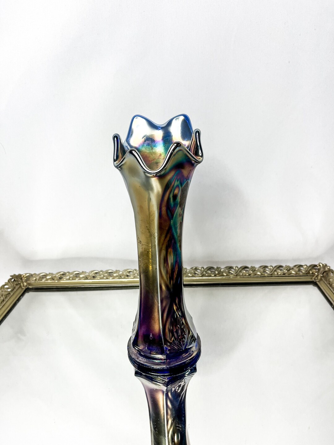 Vintage Fenton Cobalt Blue Diamond and Bows Panel Vase/heady Iridescent ...