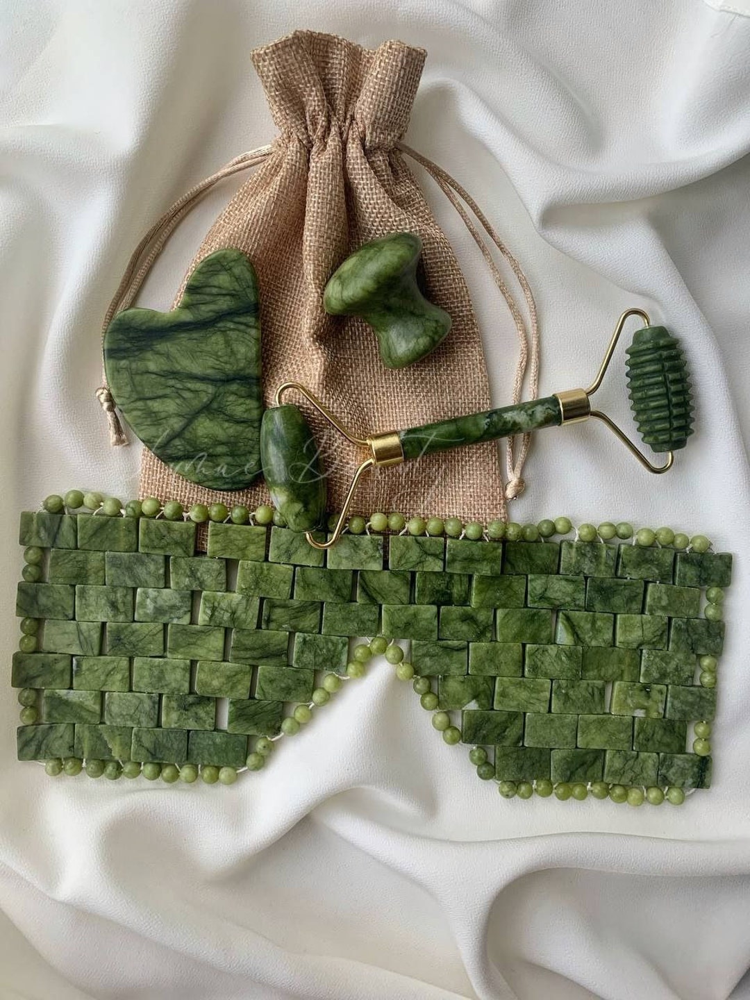 Green Jade Set, Eye Mask, Roller, Gua Sha, Mushroom, Natural Stone ...