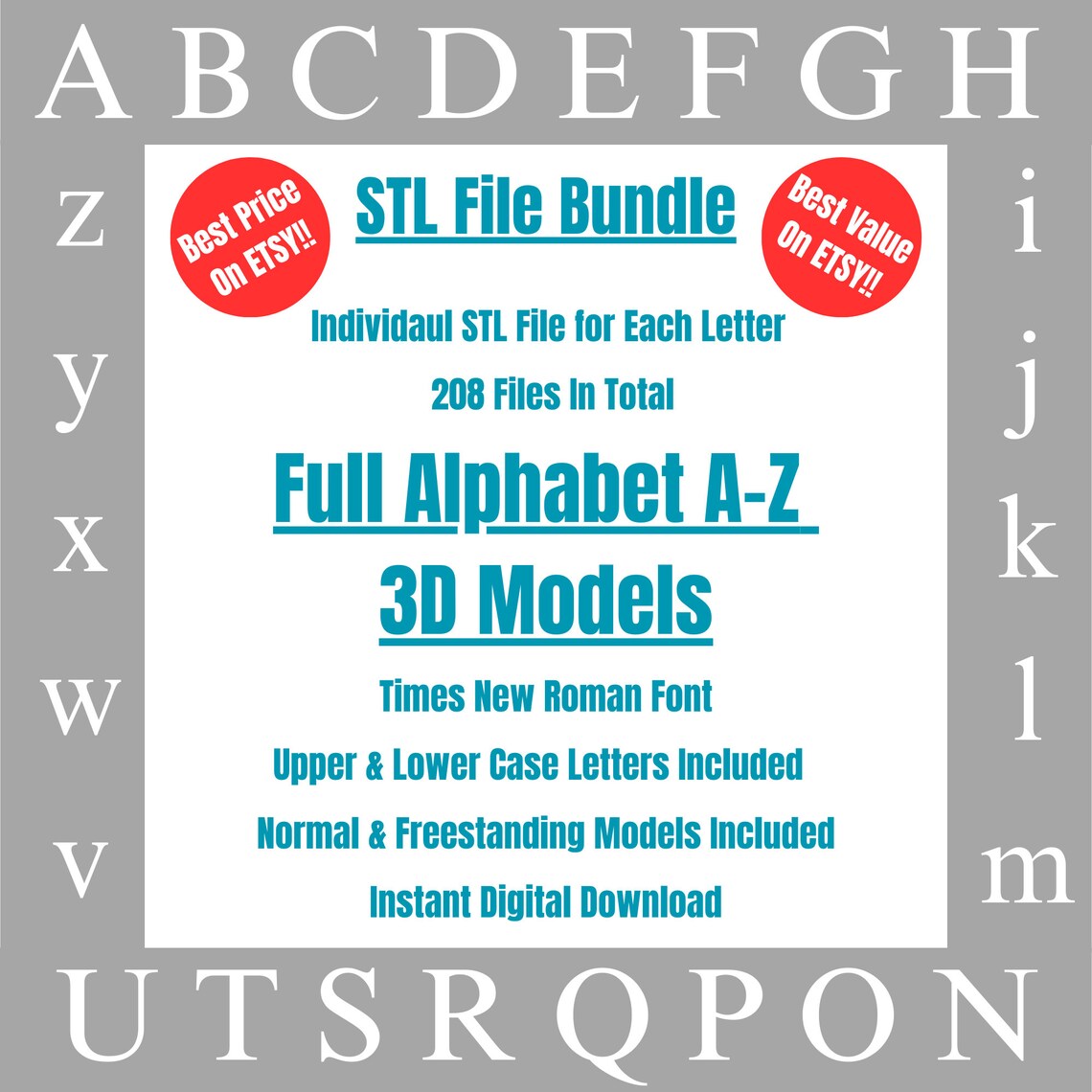 3D Letters Full Alphabet A-Z Times New Roman Font 3D Printing STL 208 ...
