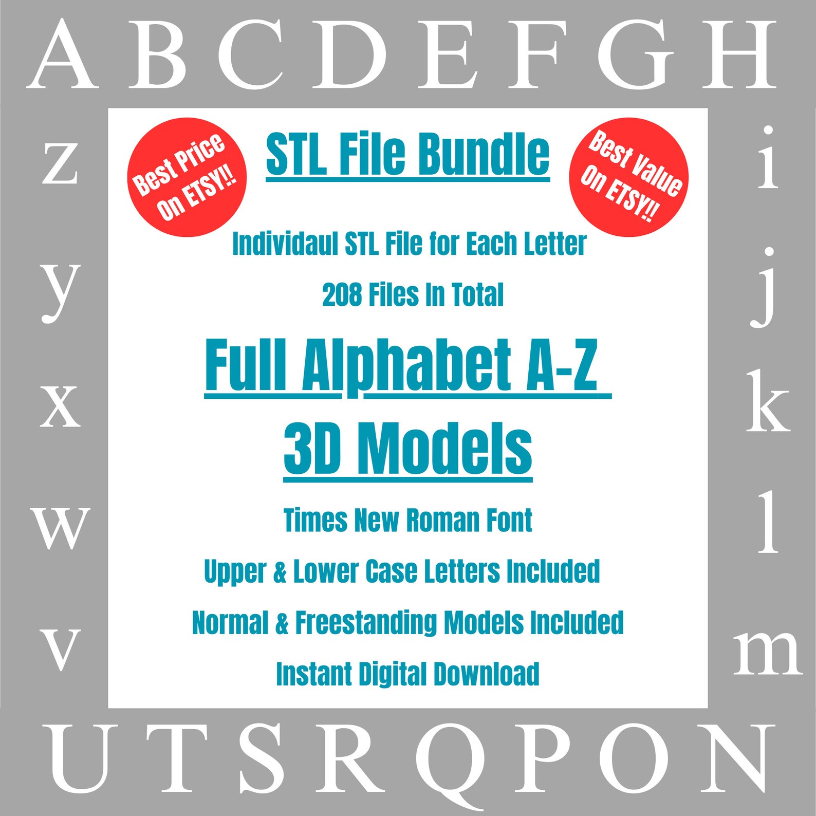 3D Letters Full Alphabet A-Z Times New Roman Font 3D Printing STL 208 ...