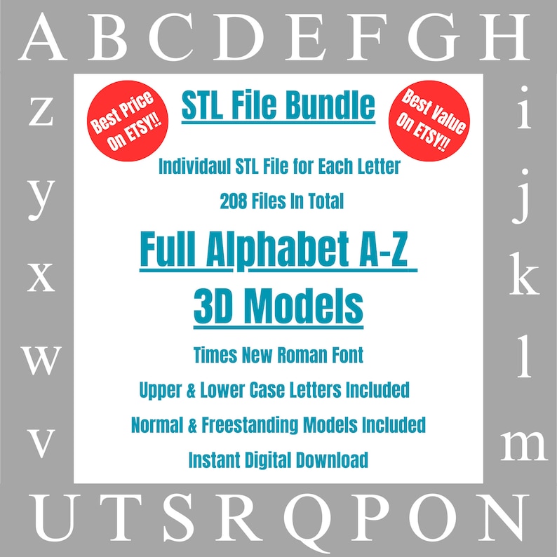 3D Letters Full Alphabet A-Z Times New Roman Font 3D Printing STL 208 ...