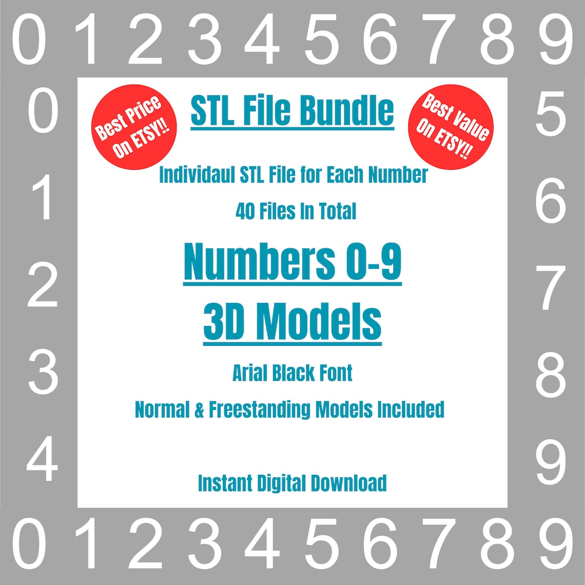 3D Numbers 0-9 Arial Black Font 3D Printing STL 40 Files Bundle Free ...